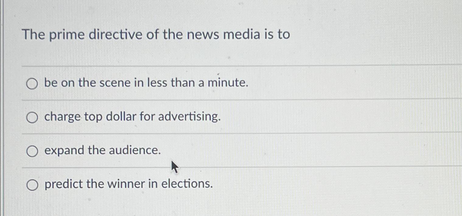 Solved The prime directive of the news media is tobe on the | Chegg.com