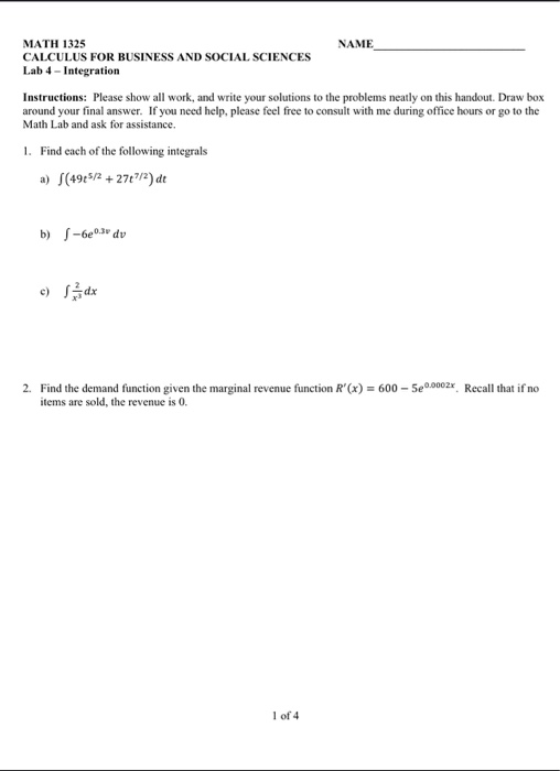 Solved MATH 1325 NAME CALCULUS FOR BUSINESS AND SOCIAL | Chegg.com