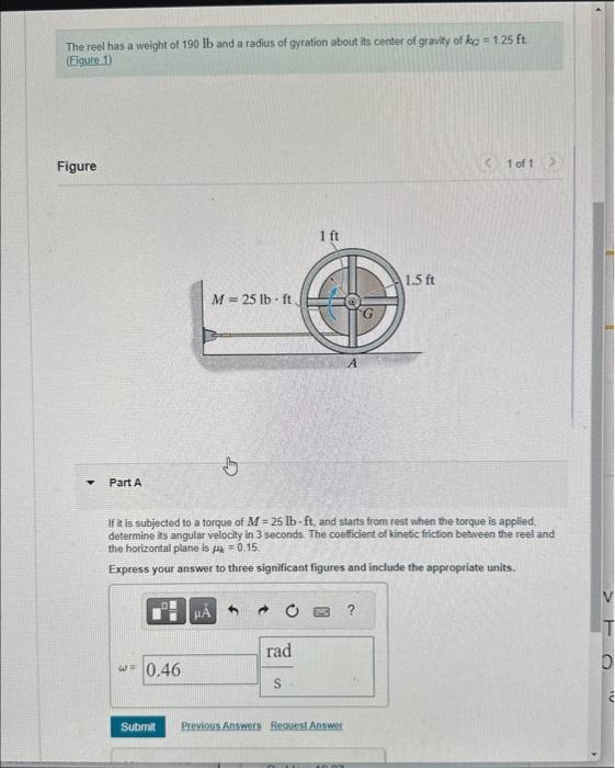 Solved The reel has a weight of 190Ib and a radius of | Chegg.com