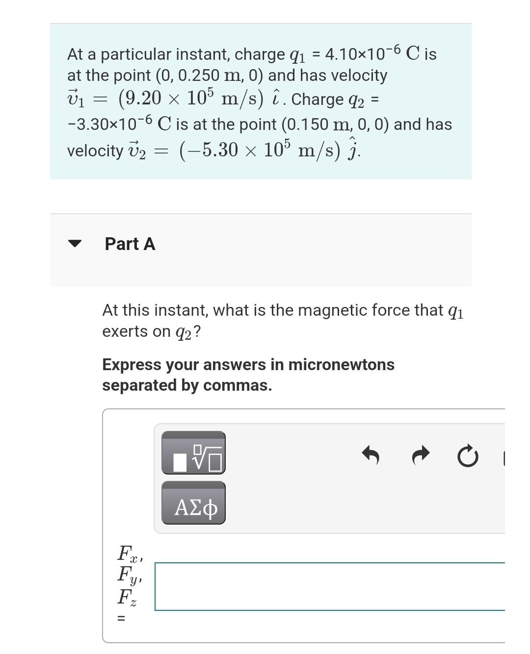 Solved At a particular instant, charge q1=4.10×10-6C ﻿is at | Chegg.com