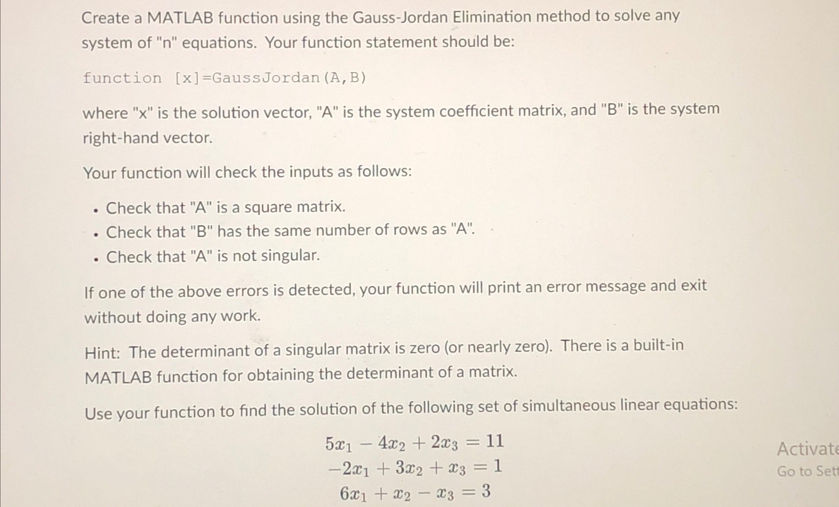 Solved Create a MATLAB function using the Gauss-Jordan | Chegg.com