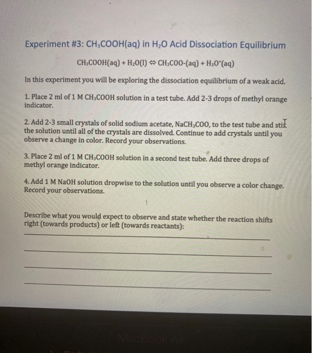 Solved Experiment #3: CH3COOH(aq) in H20 Acid Dissociation | Chegg.com