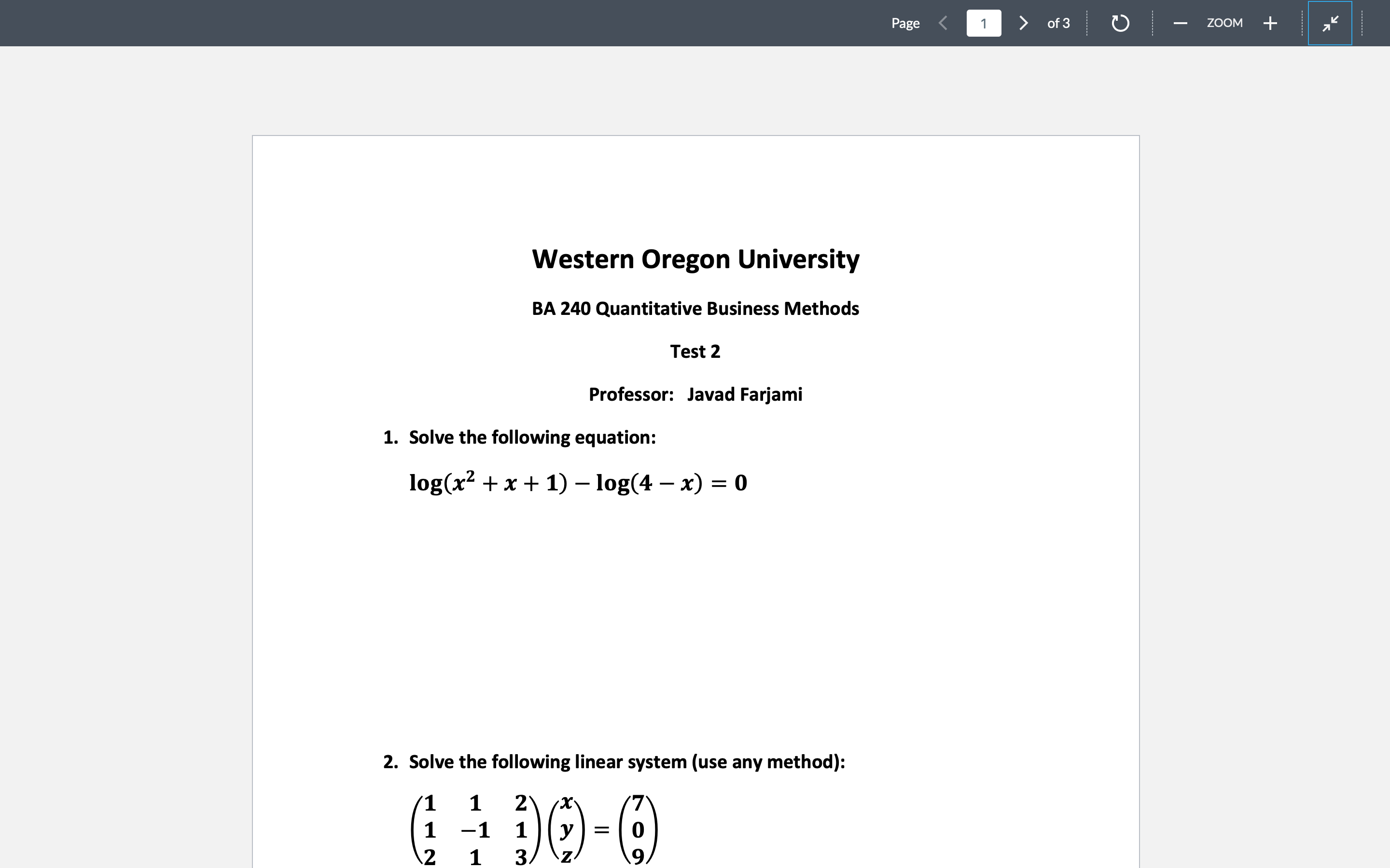 Solved Western Oregon UniversityBA 240 ﻿Quantitative | Chegg.com