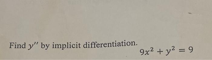 Solved Find y' by implicit differentiation. 9x2 + y2 = 9 | Chegg.com