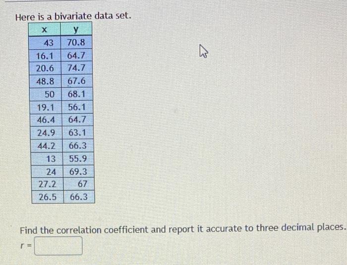 Solved Hera is a bivariate data set. Find the correlation | Chegg.com