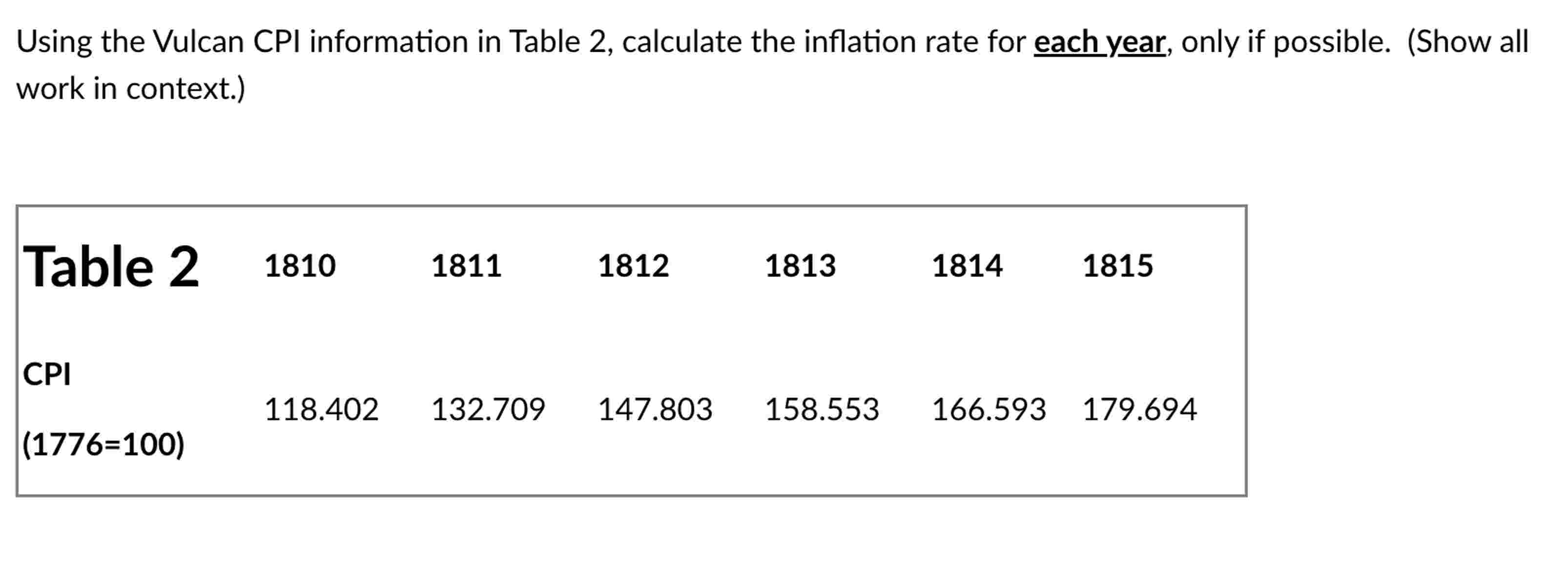 Solved Using the Vulcan CPI information in Table 2, | Chegg.com