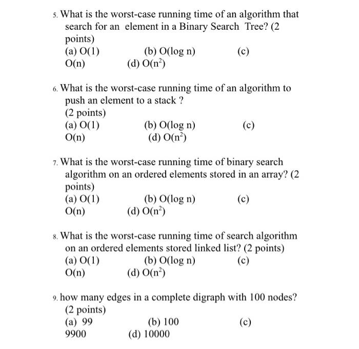 Solved 5. What is the worst-case running time of an | Chegg.com