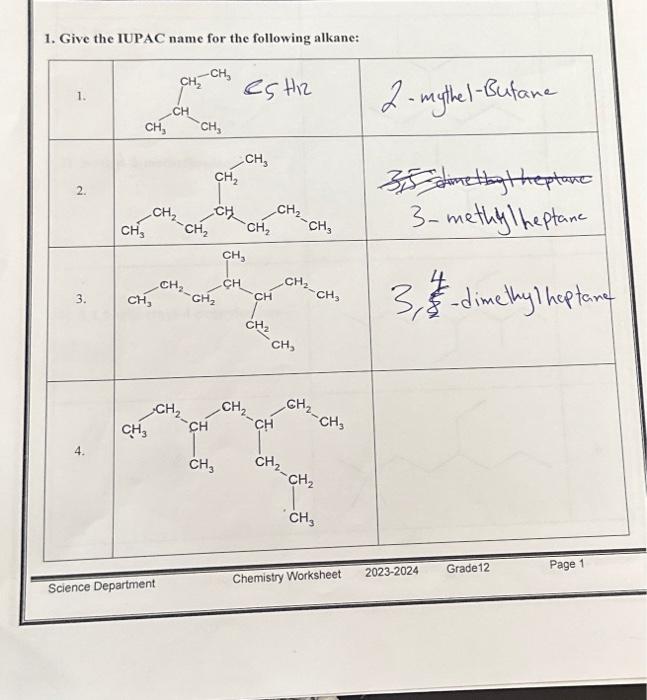 Solved 1. Give the IUPAC name for the following alkane: 1. 2 | Chegg.com