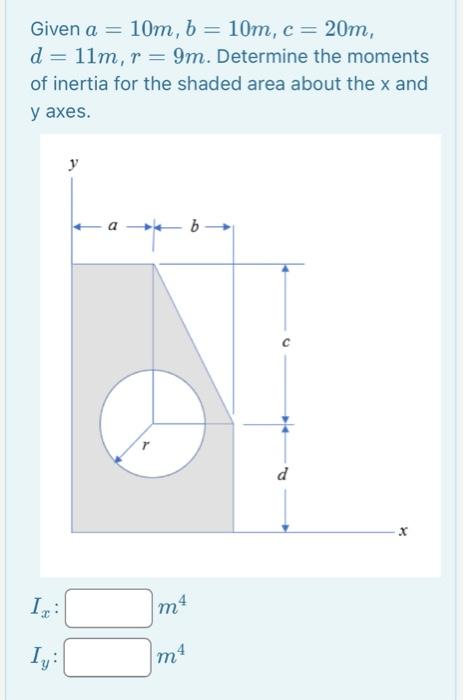 Solved Given a=10m,b=10m,c=20m, d=11m,r=9m. Determine the | Chegg.com