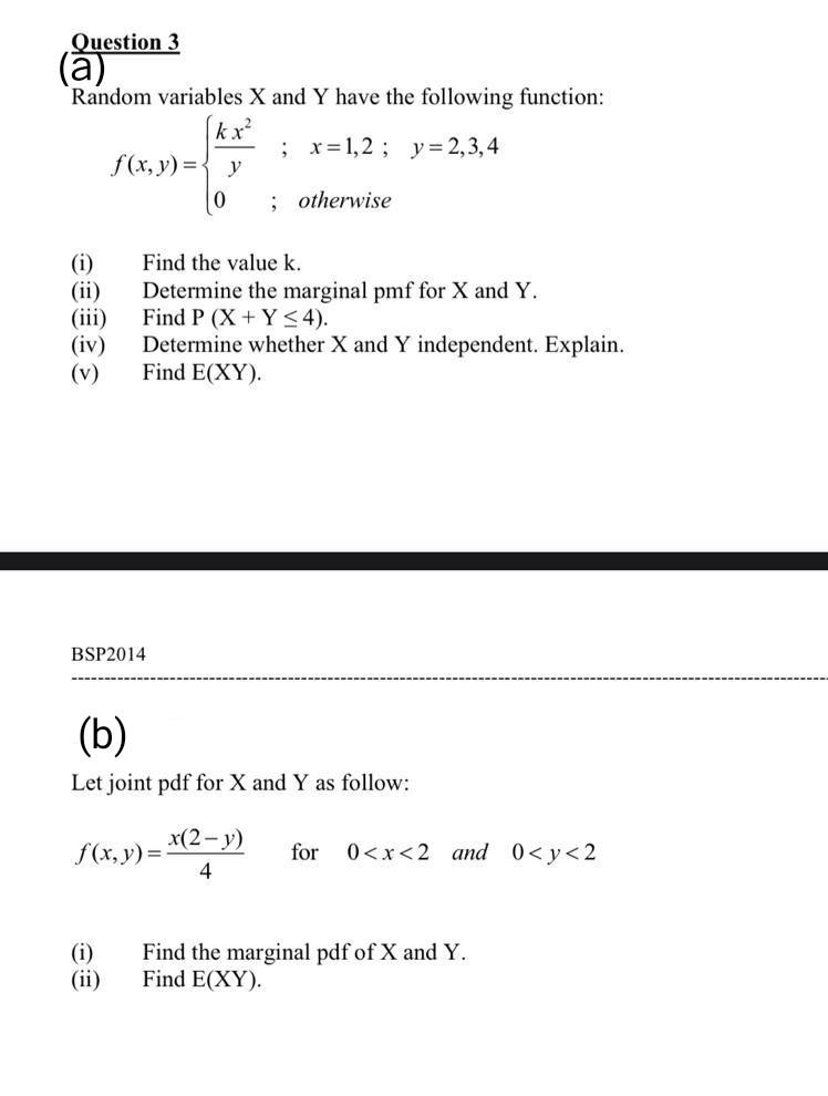 Solved Random variables X and Y have the following function: | Chegg.com