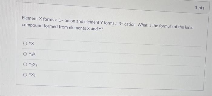 Solved Element X forms a 1 - anion and element Y forms a 3+ | Chegg.com