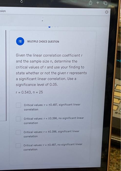 Solved MULTIPLE CHOICE QUESTION Given the linear correlation | Chegg.com