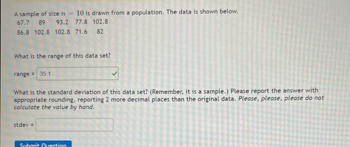 Solved A sample of size n=10 is drawn from a population. The | Chegg.com