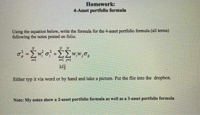 Homework: 4-Asset portfolio formula Using the | Chegg.com