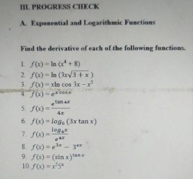 Solved III. PROGRESS CHECK A. Exponential and Logarithmic | Chegg.com