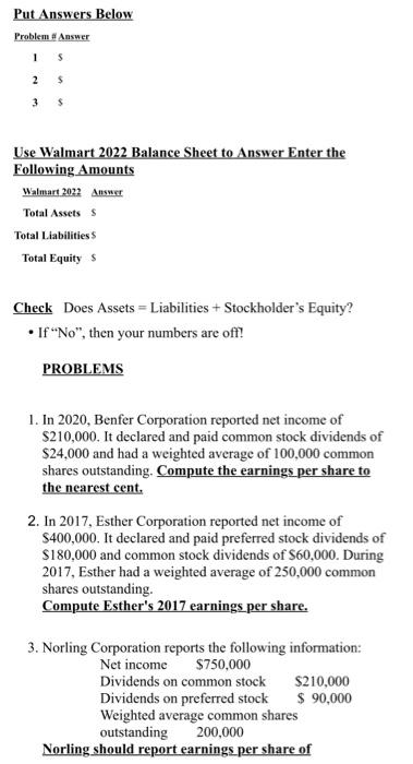Solved Use Walmart 2022 Balance Sheet to Answer Enter the | Chegg.com