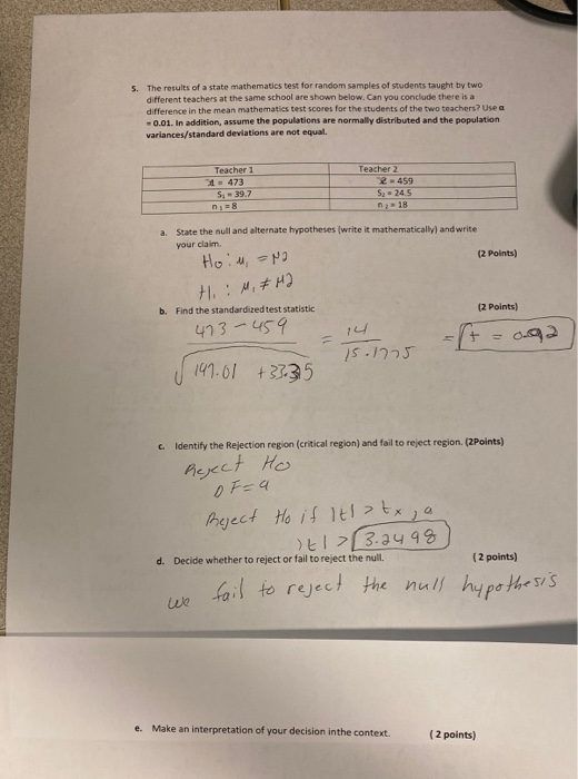 Solved 5. The results of a state mathematics test for random | Chegg.com