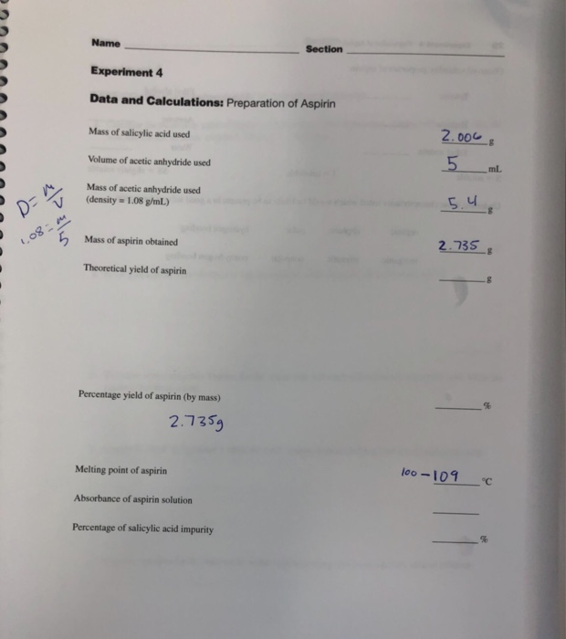 Solved Name Section Experiment 4 Data and Calculations: | Chegg.com