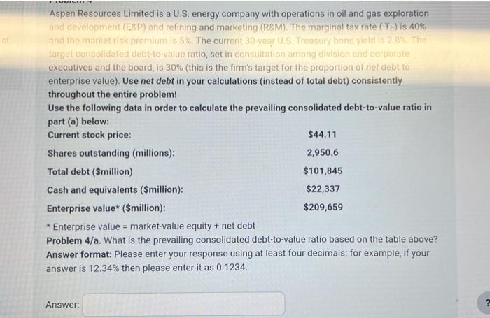 Solved Aspen Resources Limited is a U.S. energy company with | Chegg.com