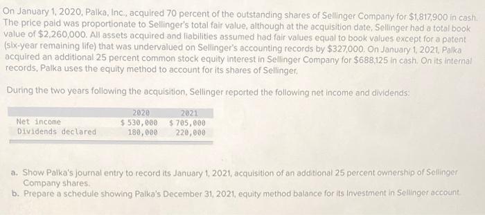 Solved On January 1,2020 , Palka, Inc, acquired 70 percent | Chegg.com
