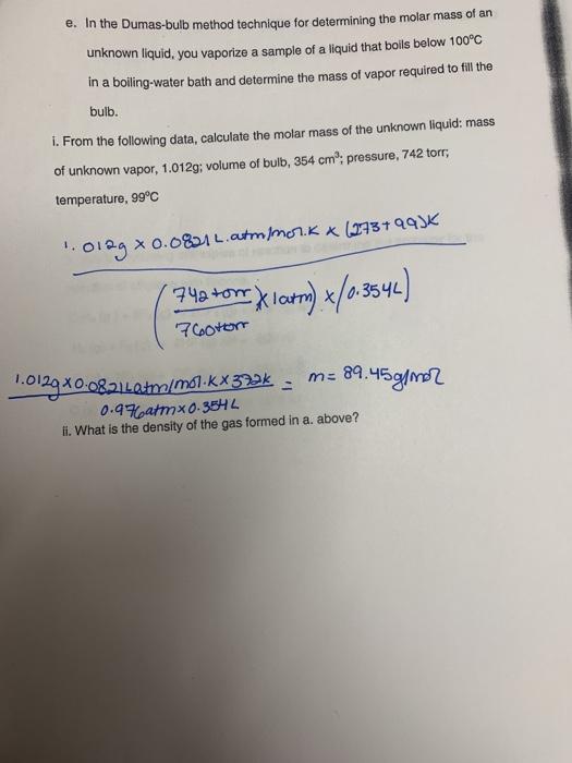 Solved e. In the Dumas-bulb method technique for determining | Chegg.com