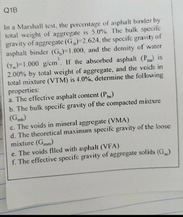 Solved Q1BIn a Marshall test, the percentage of asphalt | Chegg.com