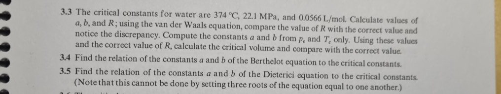 Solved 3.3 ﻿The critical constants for water are | Chegg.com