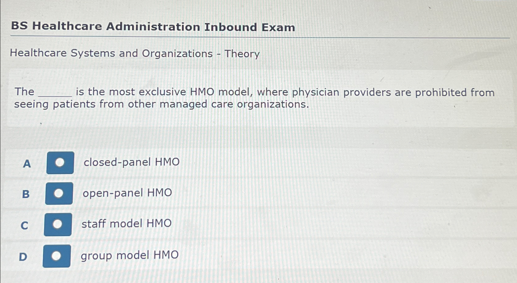 Solved BS Healthcare Administration Inbound ExamHealthcare | Chegg.com