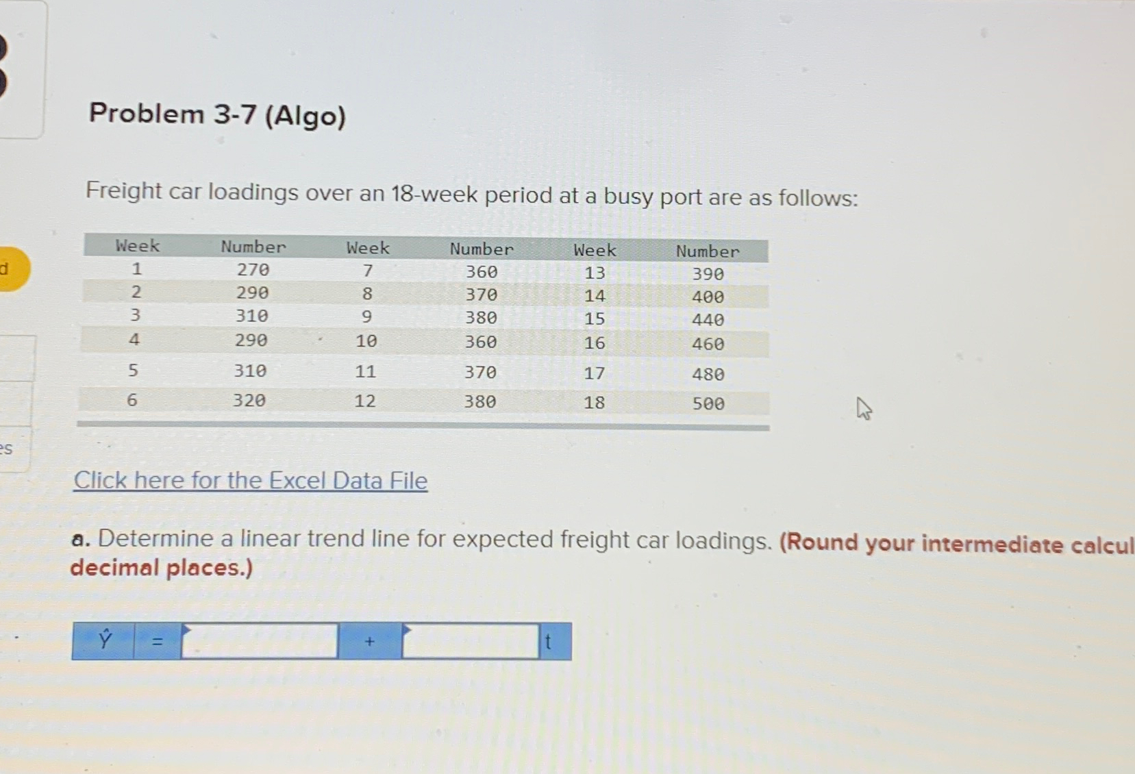 Problem 3-7 (Algo)Freight car loadings over an | Chegg.com Problem 3-7 (Algo)Freight car loadings over an | Chegg.com