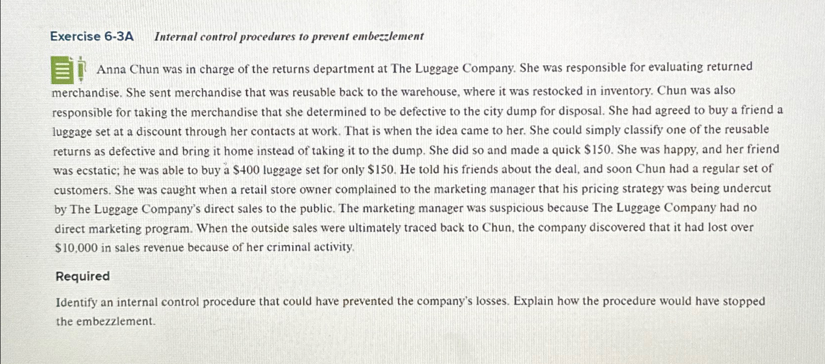 Solved Exercise 6-3A Internal control procedures to prevent | Chegg.com