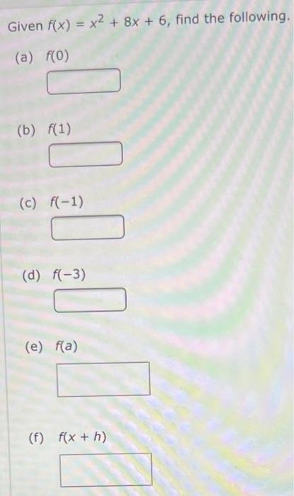 Solved Given f(x) = x2 + 8x + 6, find the following. (a) | Chegg.com
