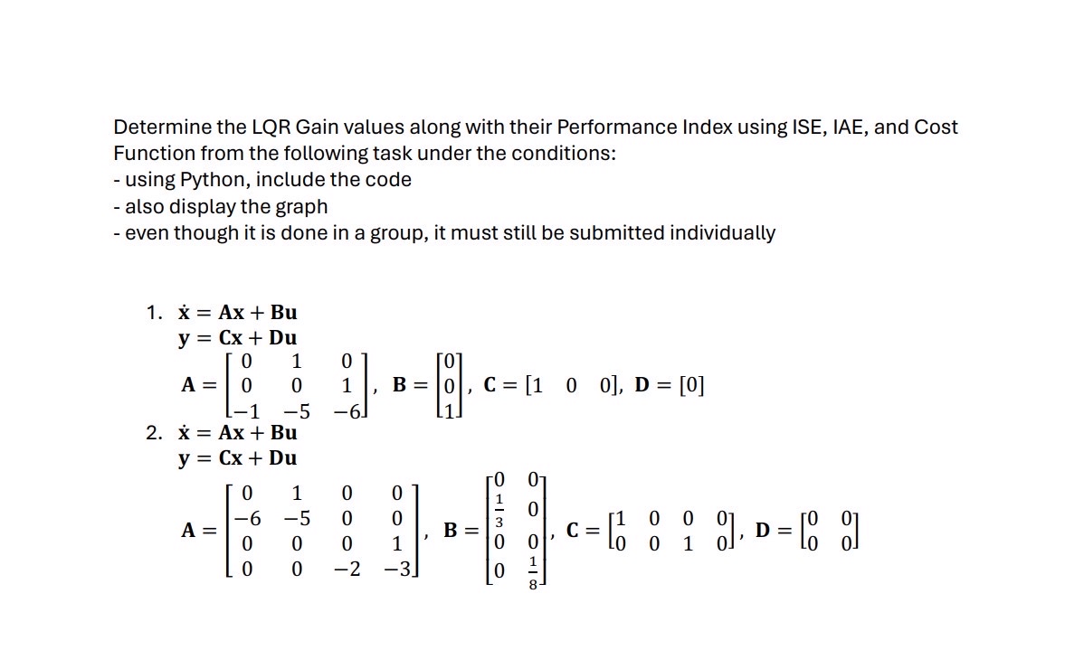 Solved Determine the LQR Gain values along with their | Chegg.com