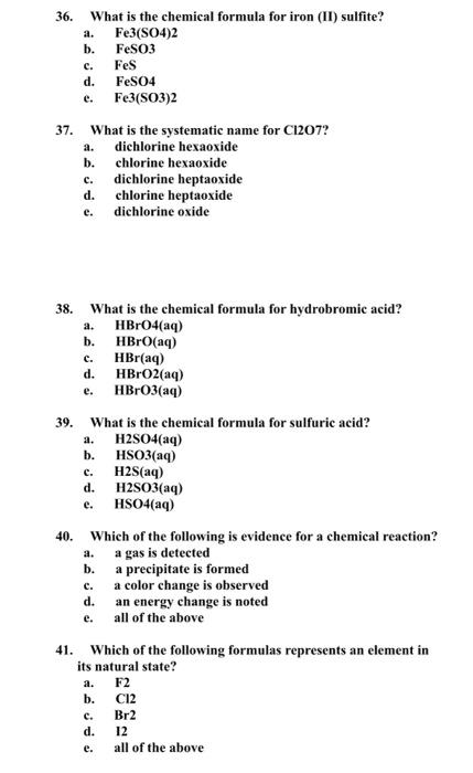 Solved 36. What is the chemical formula for iron (II) | Chegg.com