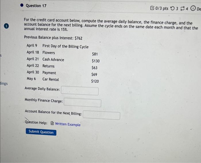 Solved For the credit card account below, compute the | Chegg.com