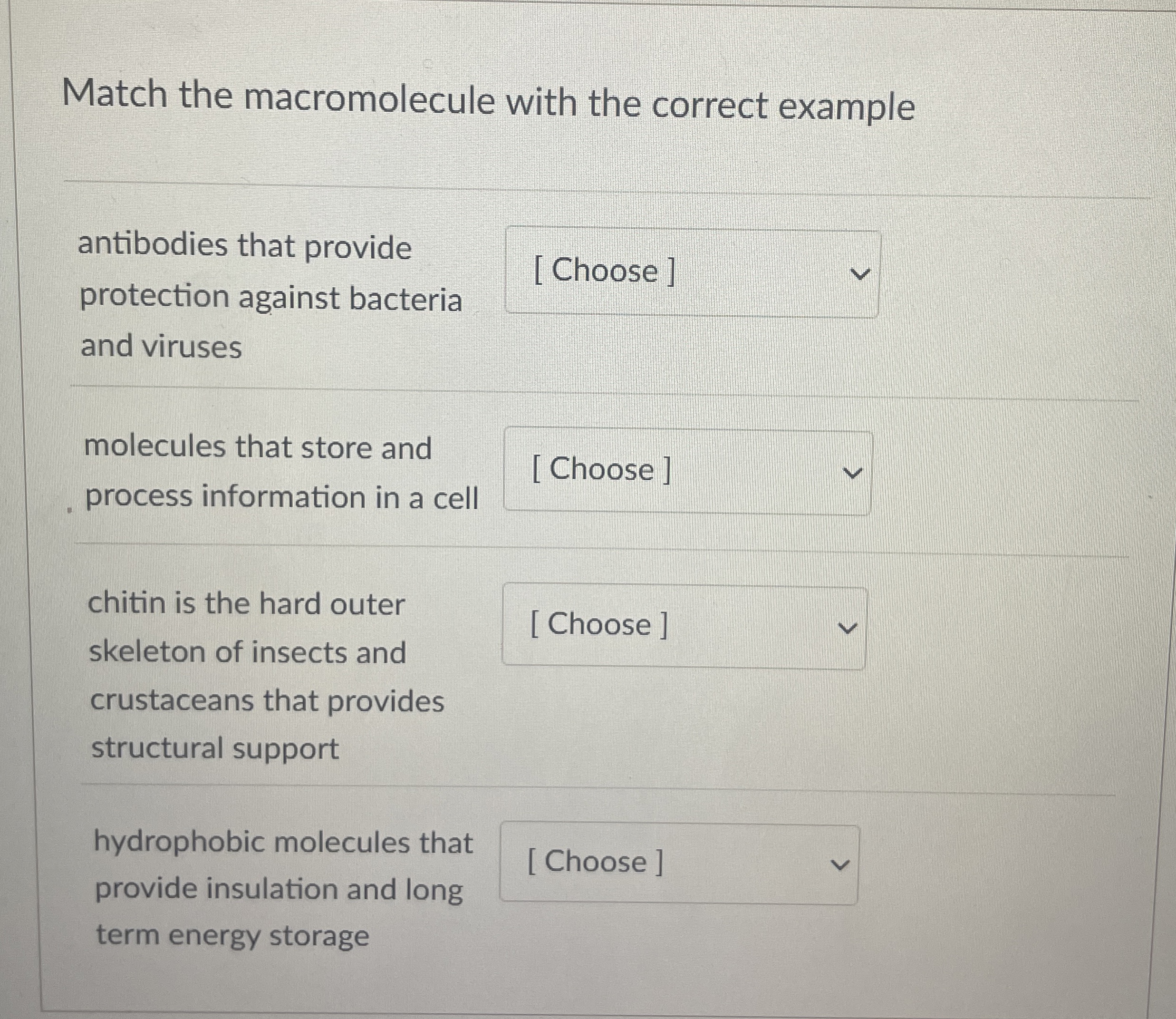 Solved Match the macromolecule with the correct | Chegg.com