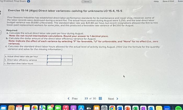 Solved Exercise 15-14 (Algo) Direct labor variances-solving | Chegg.com