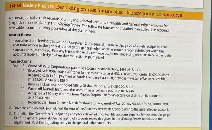 Solved 14-M Mastery Problem: Recording entries for | Chegg.com
