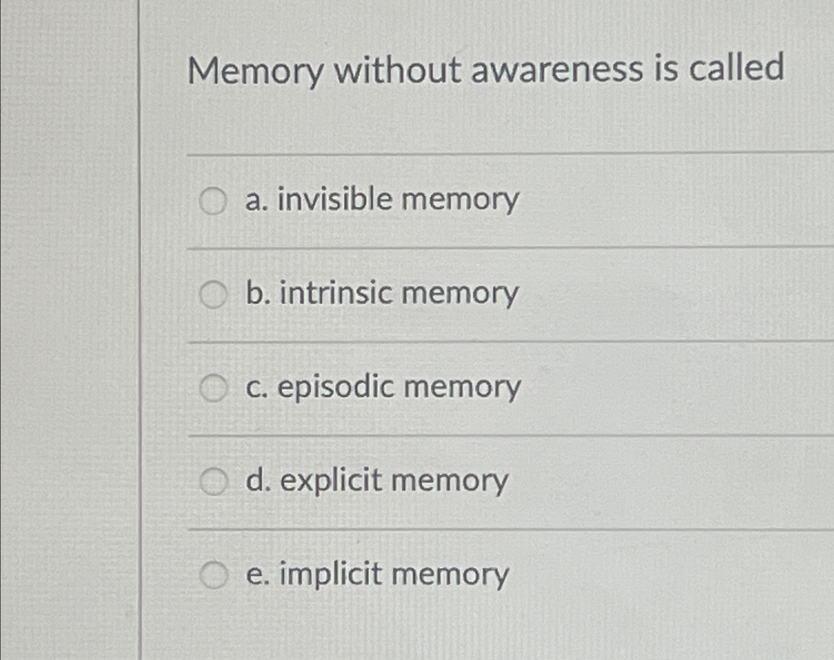Solved Memory without awareness is calleda. ﻿invisible | Chegg.com