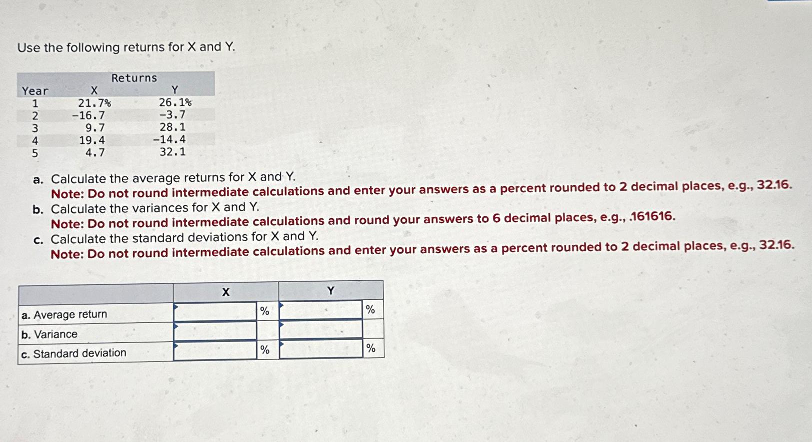 Solved Use the following returns for x ﻿and | Chegg.com