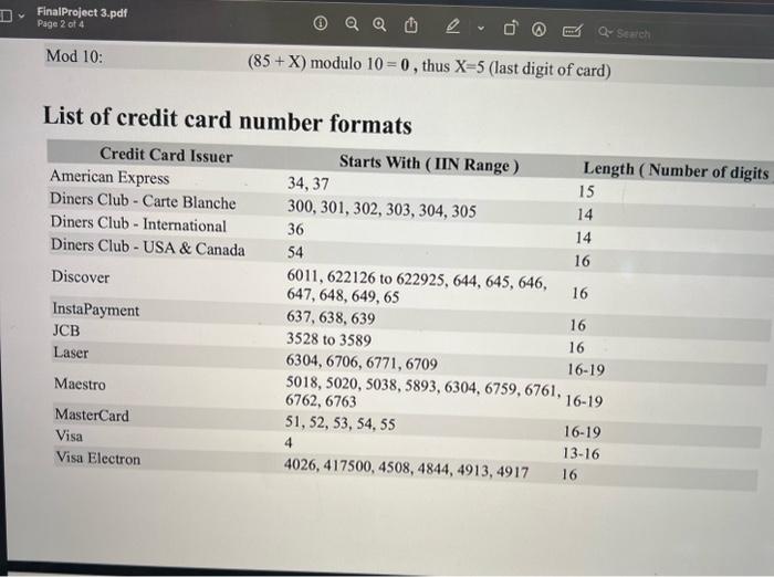 Solved Final Project - Credit card numbers and the case of | Chegg.com