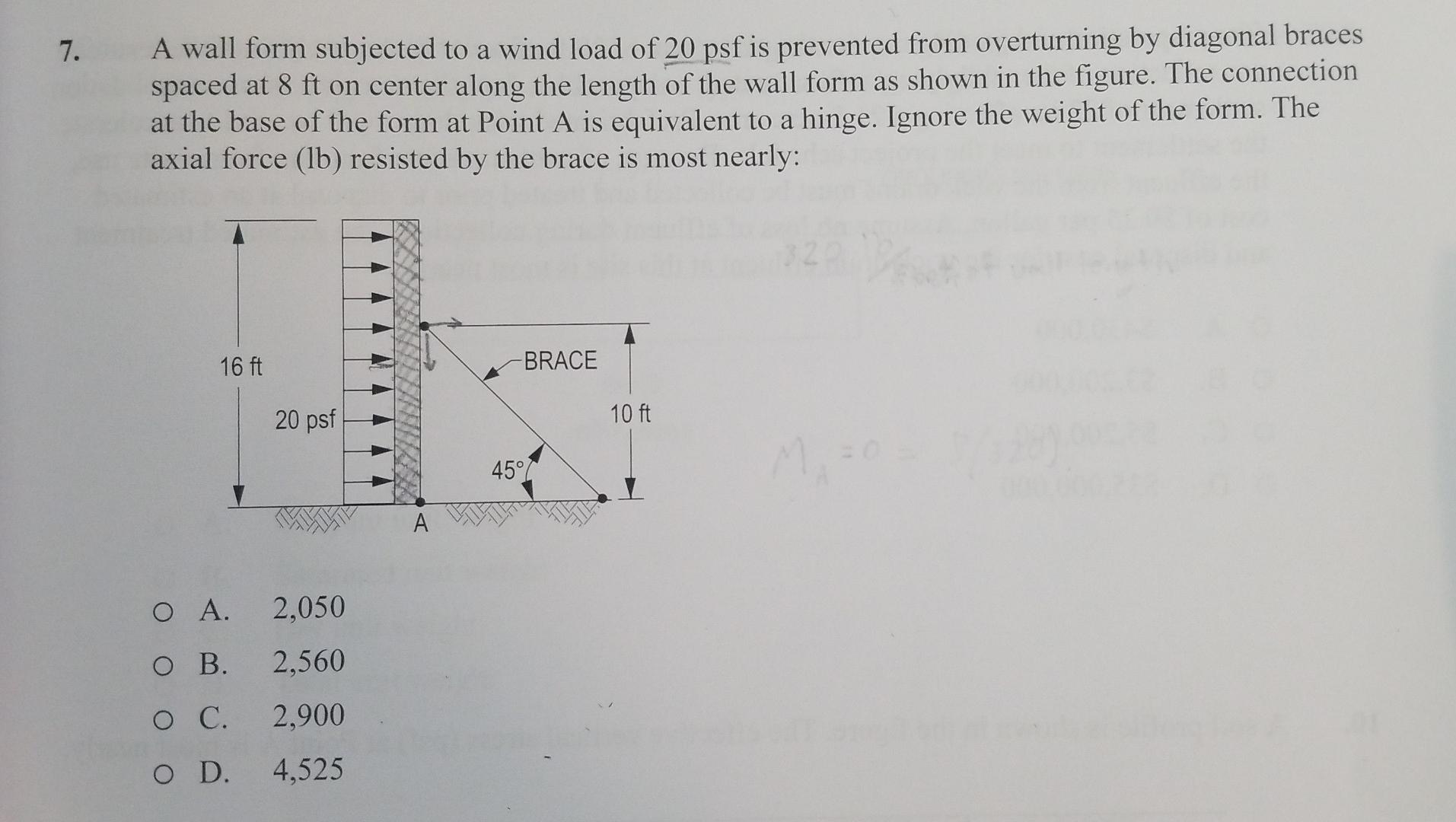 Solved 7. a A wall form subjected to a wind load of 20 psf | Chegg.com