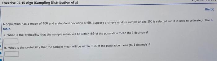 Solved Exercise 07.15 Algo (Sampling Distribution of x) | Chegg.com
