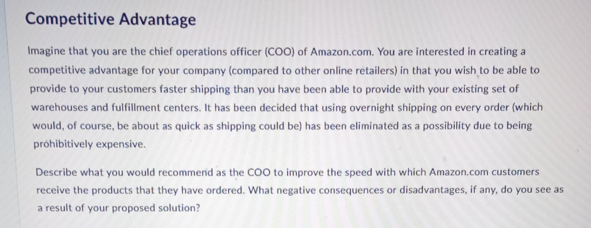 Solved Competitive Advantage Imagine that you are the chief | Chegg.com