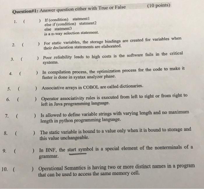 Solved Question\#1: Answer question either with True or | Chegg.com