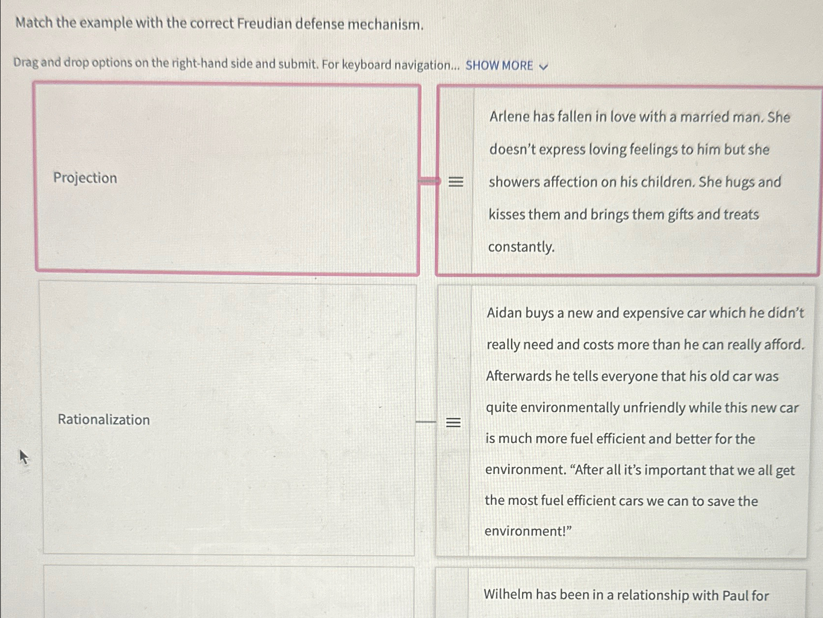 Solved Match the example with the correct Freudian defense | Chegg.com Solved Match the example with the correct Freudian defense | Chegg.com