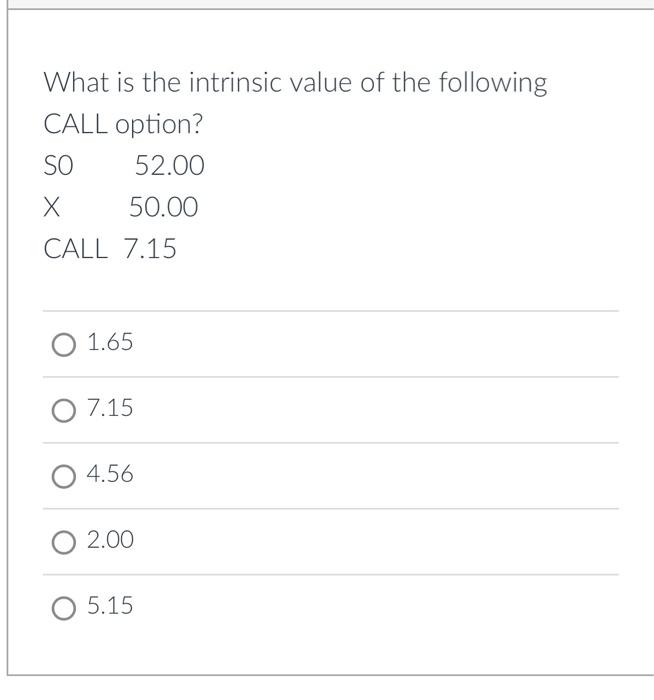 Solved What is the intrinsic value of the following CALL | Chegg.com