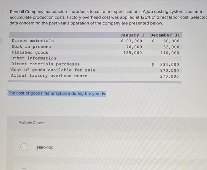 Solved Randall Company manufactures products to customer | Chegg.com