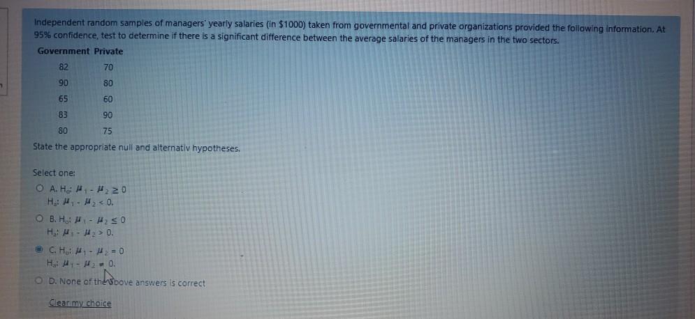 Solved Independent random samples of managers' yearly | Chegg.com