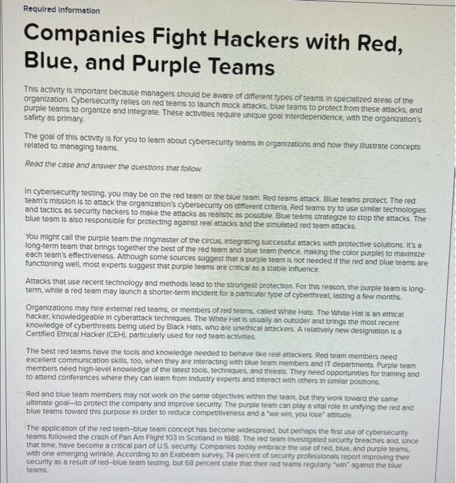Solved Companies Fight Hackers with Red, Blue, and Purple | Chegg.com