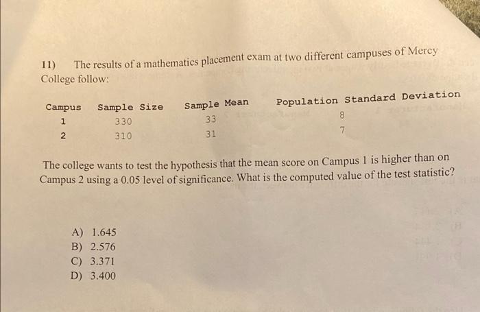 Solved 11) The results of a mathematics placement exam at | Chegg.com